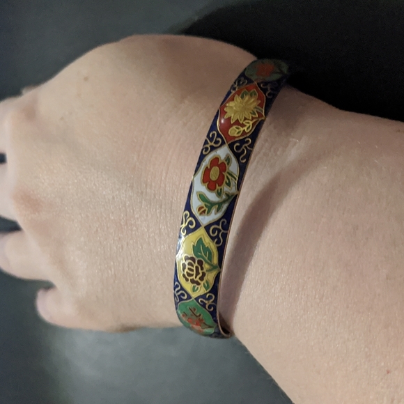 Vintage | Jewelry | Vintage Gold Tone Cloisonne Navy Blue Enamel Floral Bangle Statement ...
